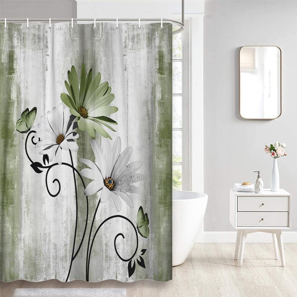 CAILDANL Rustic Farmhouse Shower Curtain, Farm Teal Daisy Floral ...