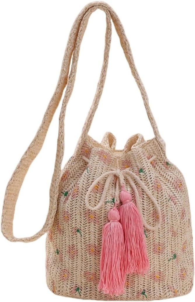 CAILDANL Women Straw Drawstring Bucket Purse Small Tote Shoulder ...