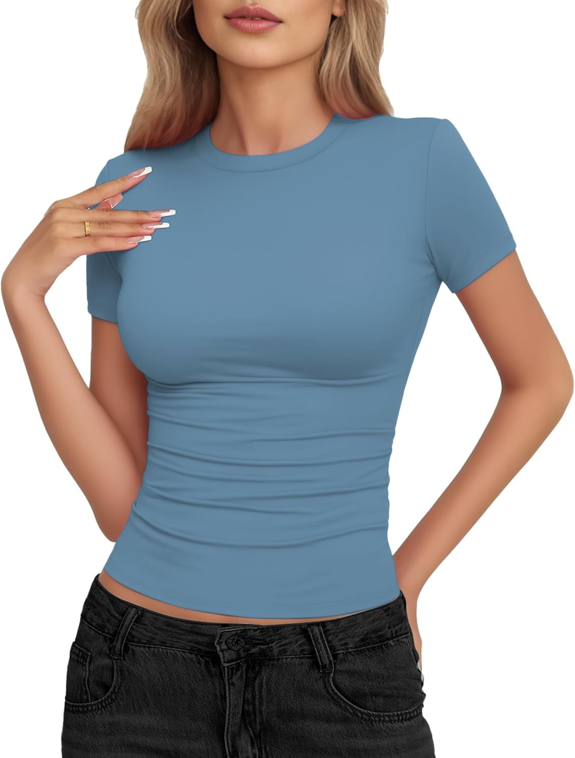 CAILDANL Womens Basic Short Sleeve Crew Neck T Shirt Slim Fit Tees ...