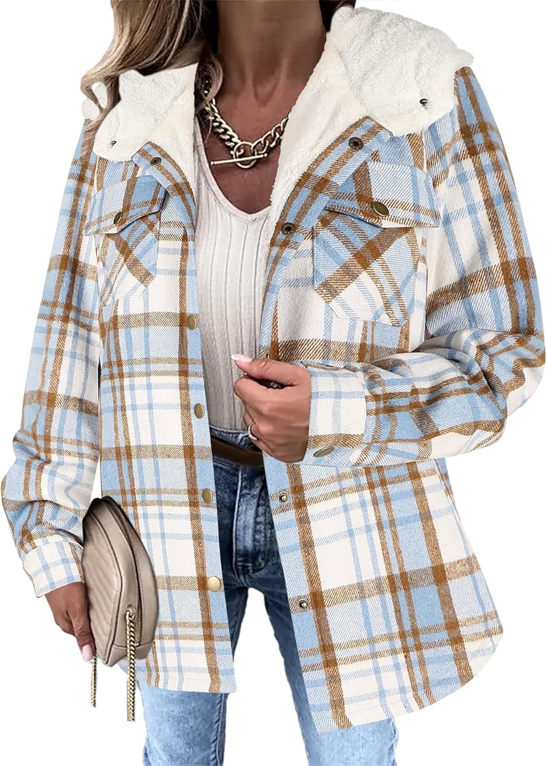 CAILDANL Womens Plaid Shacket Jacket Long Sleeve Fleece Hooded Jackets ...
