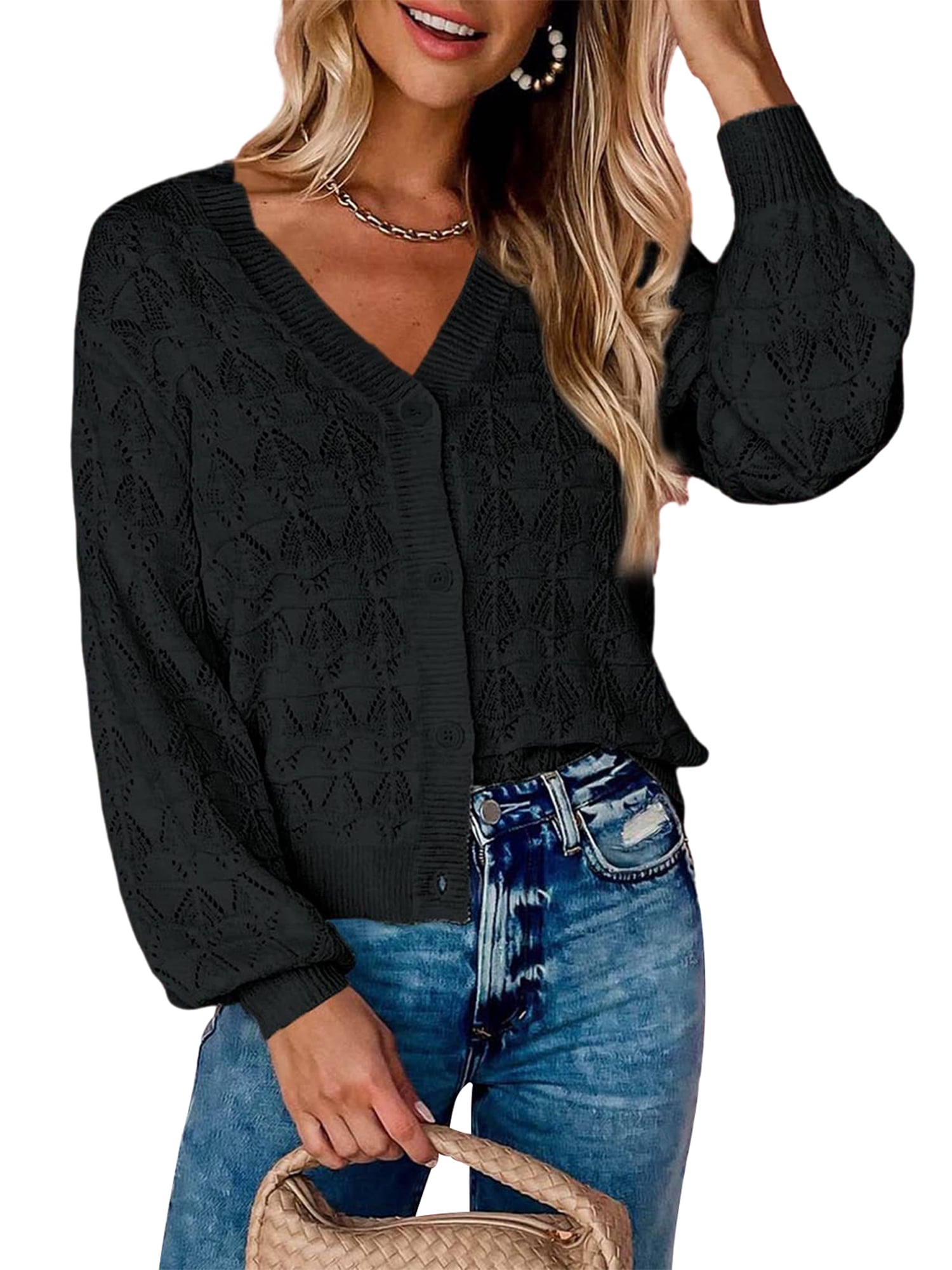 Caitzr Cropped Cardigan Sweaters For Women Long Sleeve Crochet Knit