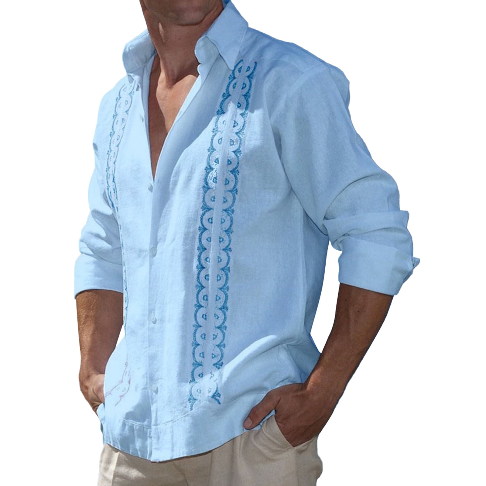 CAITZR Men's Cuban Guayabera Shirts Linen Long Sleeve Button Down Shirt ...