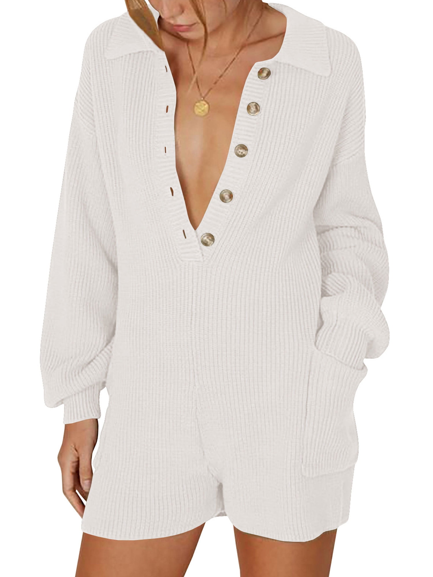 CAITZR Women's Ribbed Knit Romper Long Sleeve Solid Color Button Down ...