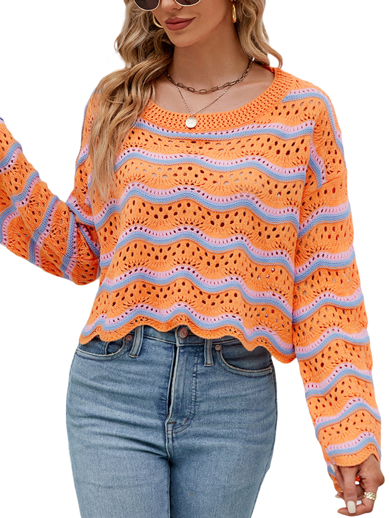 CAITZR Women's Y2K Crochet Tops Wave Print Knit Pullover Long Sleeve ...