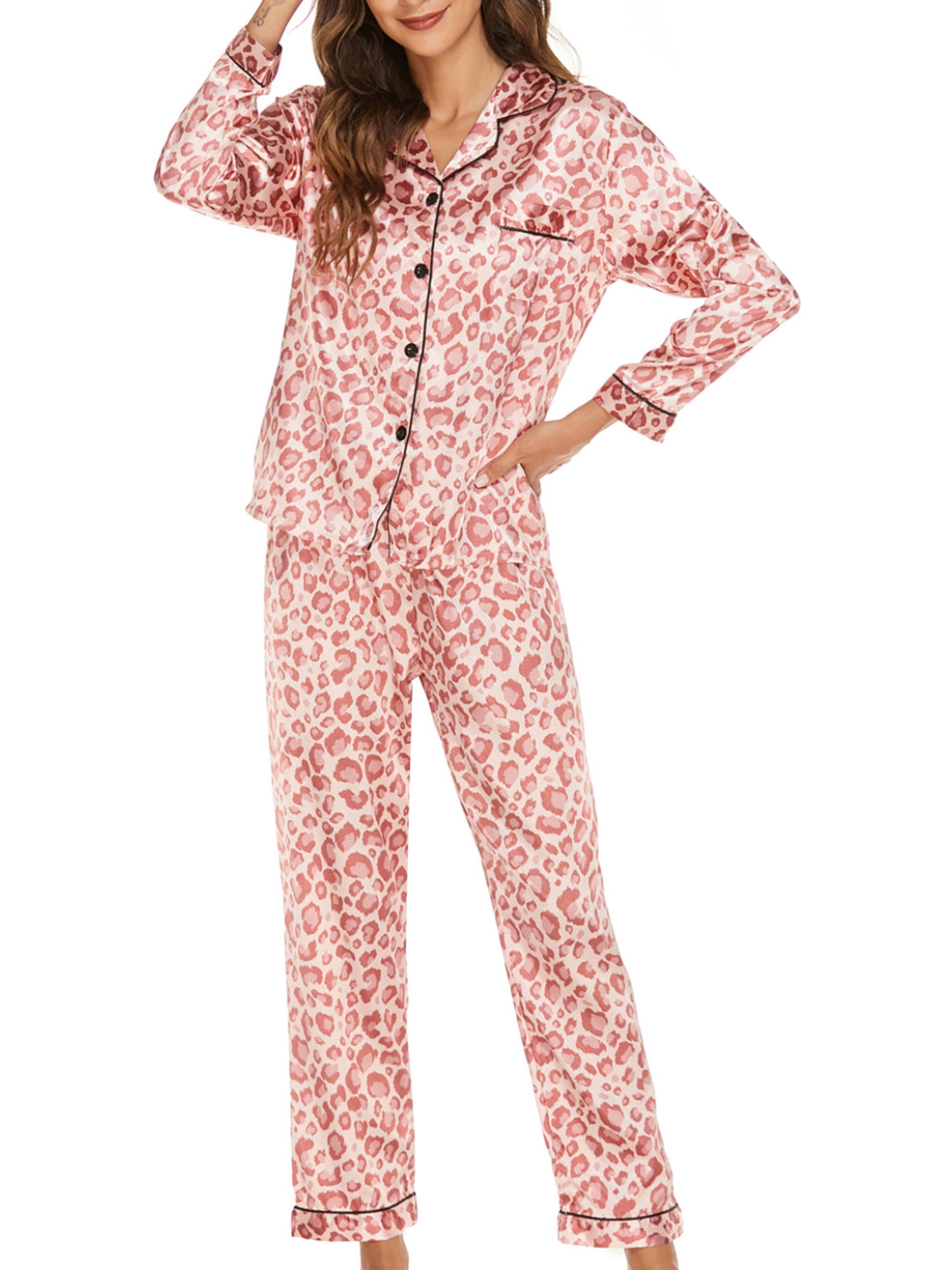 CAITZR Womens Silk Satin Pajamas Loungewear Two Piece Sleepwear Dots ...