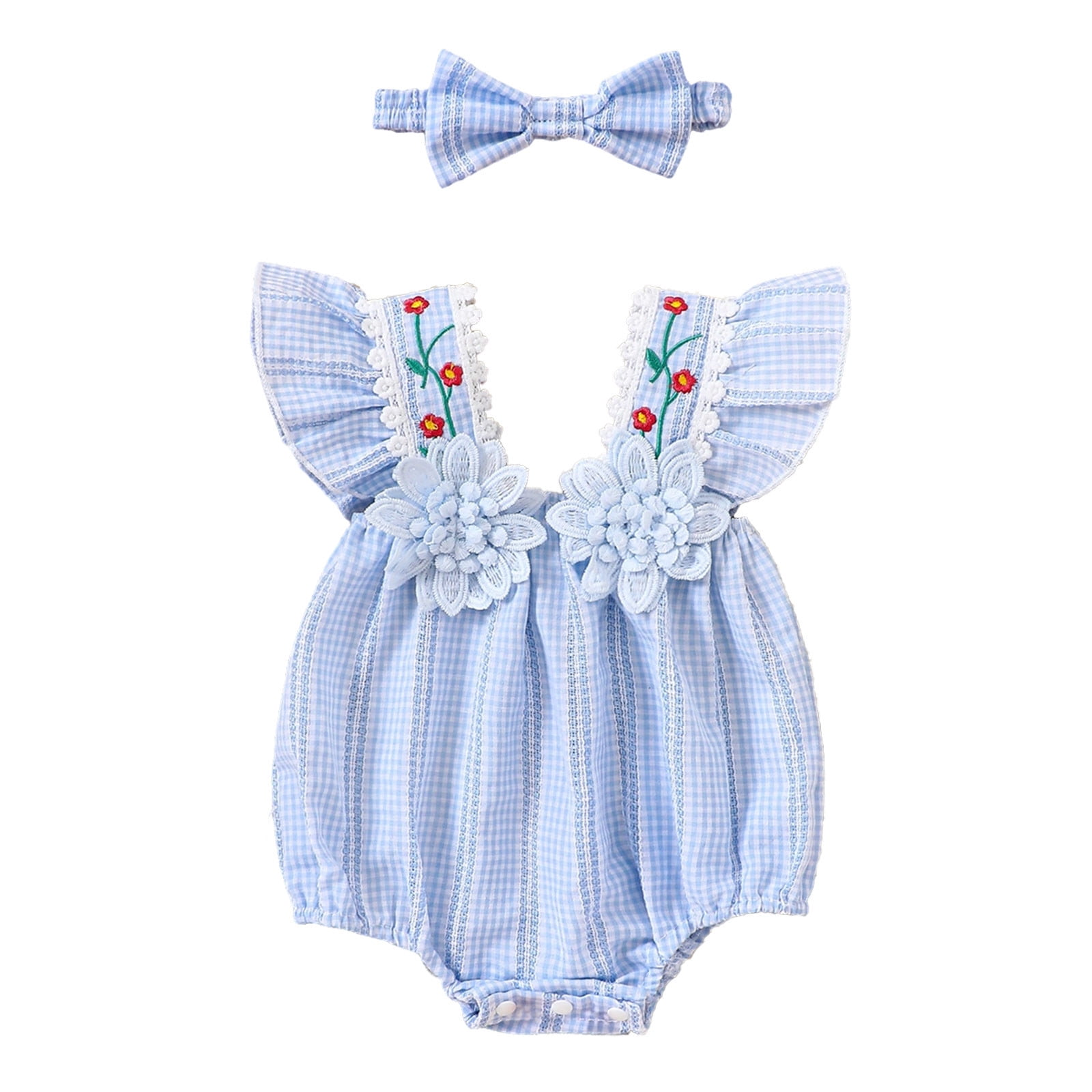 CAIVO Baby Girl Summer Plaid Flower Embroidery Ruffled Flying Sleeve ...