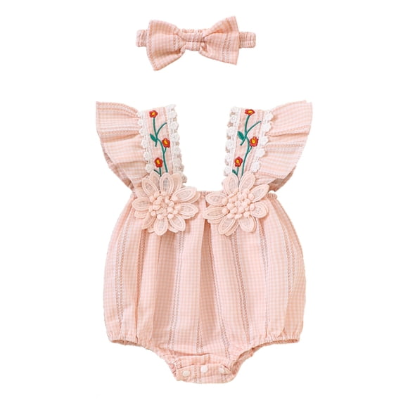CAIVO Baby Girl Summer Plaid Flower Embroidery Ruffled Flying Sleeve ...