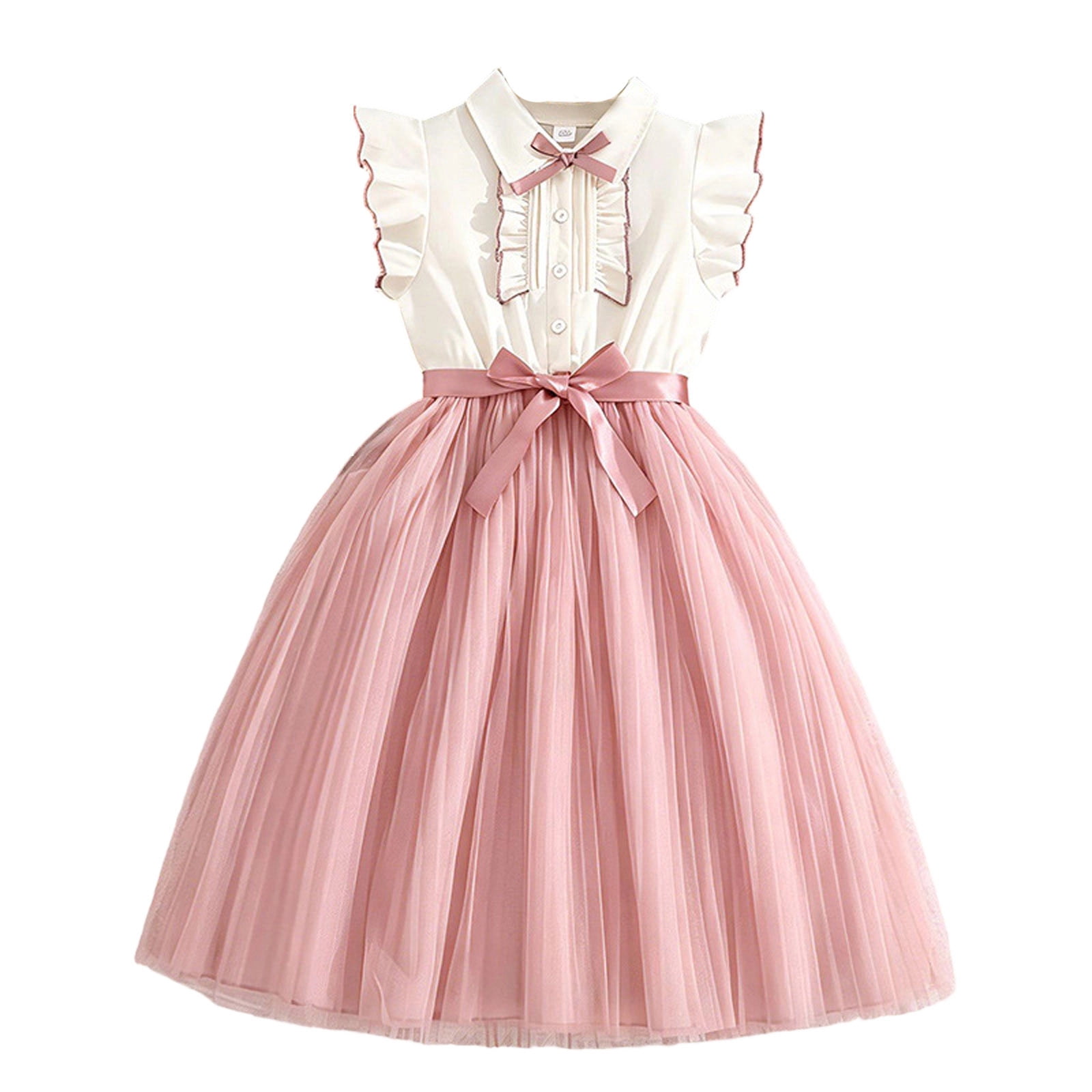 CAIVO Big Girls Dresses Elegant Lapel Ruffle Sleeve Bow Tie Knee Length ...