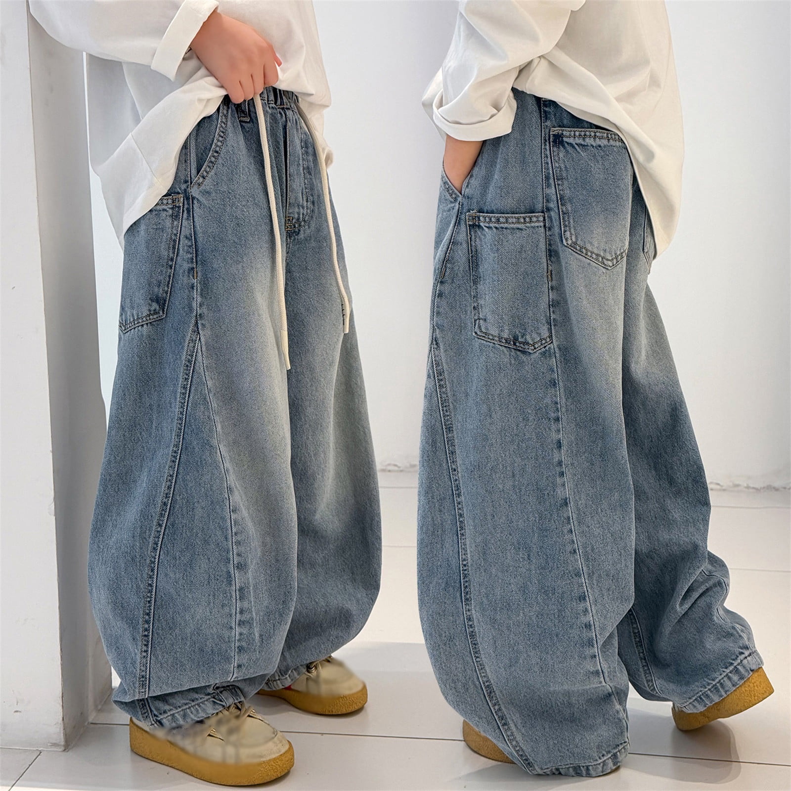 CAIVO Child Boys Blue Denim Pants Straight Leg Patchwork Wide Leg ...
