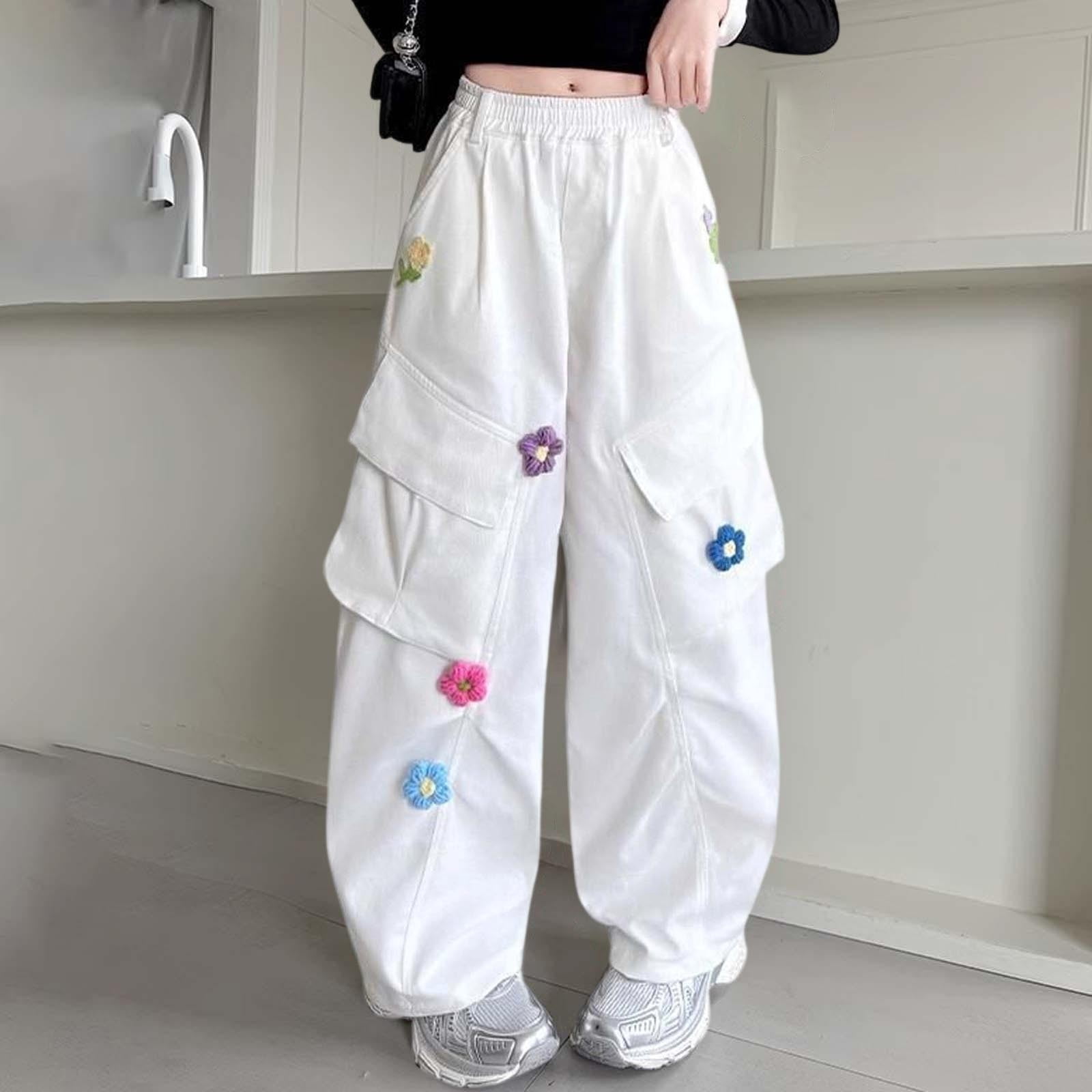 CAIVO Child Girls Cargo Pants Wide Leg Pants With 3D Floral Embroidery ...