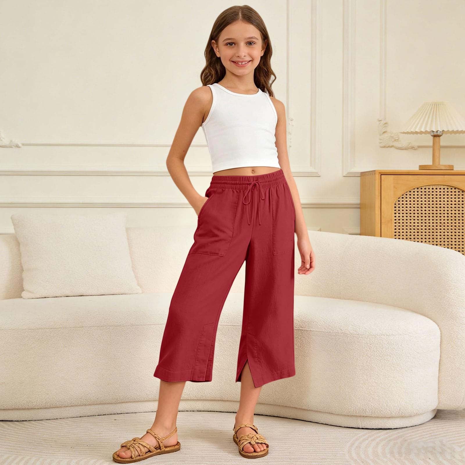 CAIVO Child Girls Casual Pants Comfortable Solid Color Loose Fit Calf ...