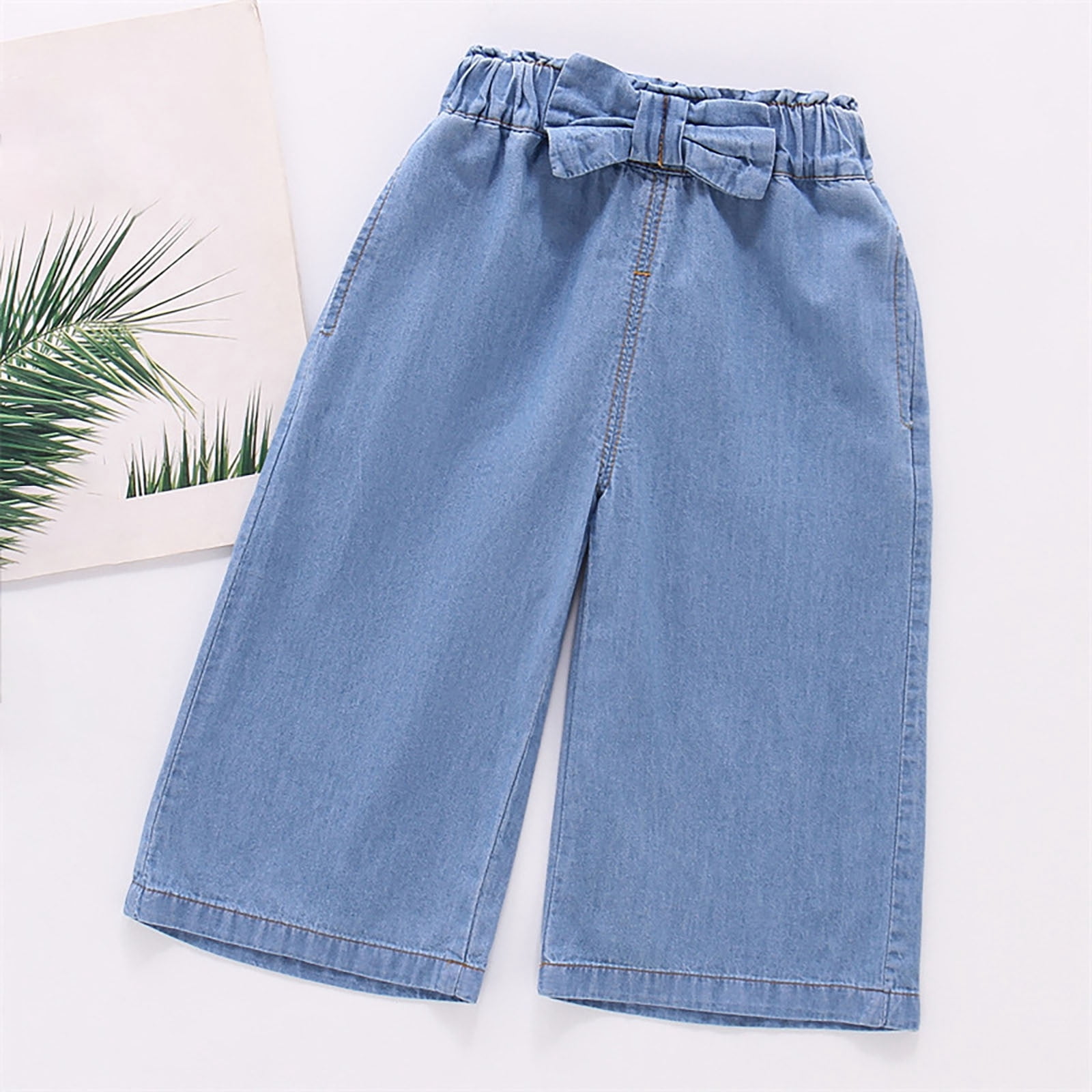 CAIVO Child Girls Denim Wide Leg Pants Summer Thin Knot Casual Loose ...