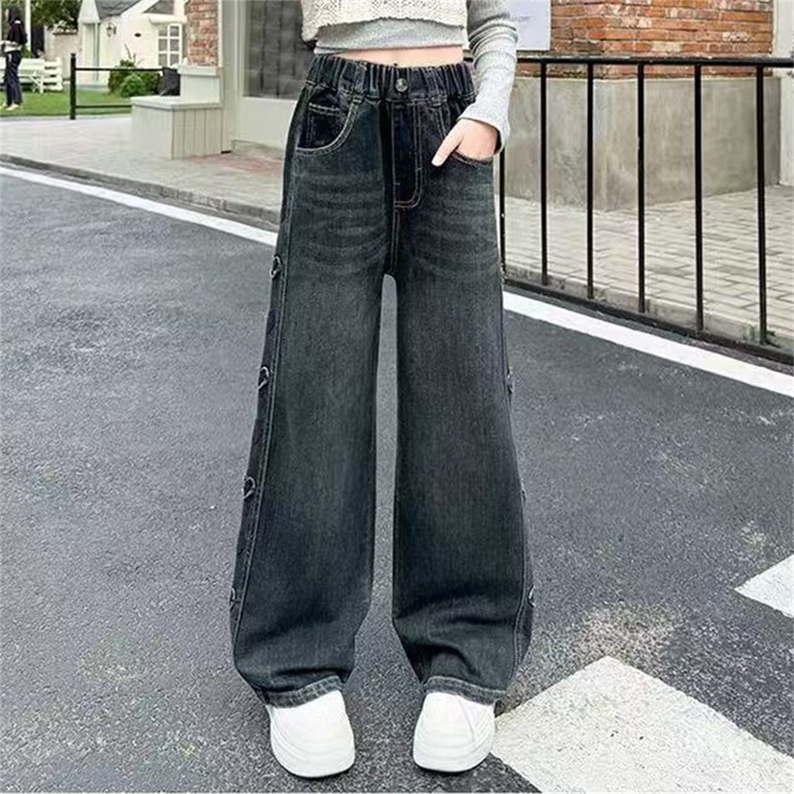CAIVO Child Girls Fashion Jeans With Heart Details Straight Leg And ...