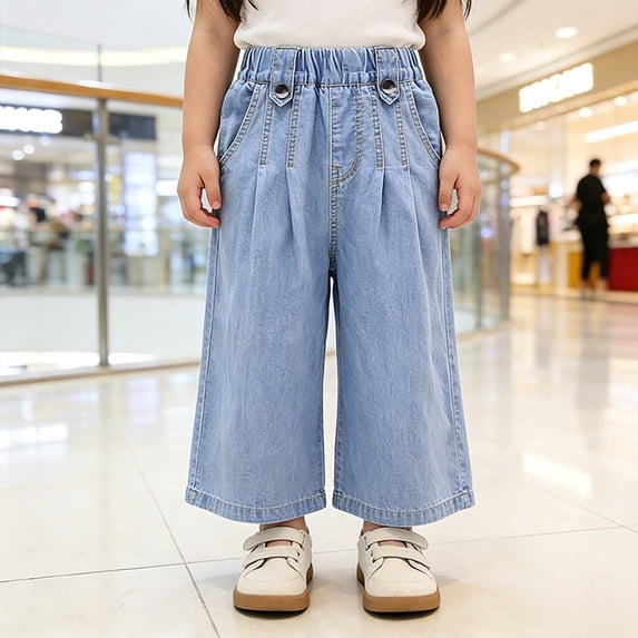 CAIVO Child Girls Summer Denim Capri Pants Loose Fit Casual Wide Leg ...