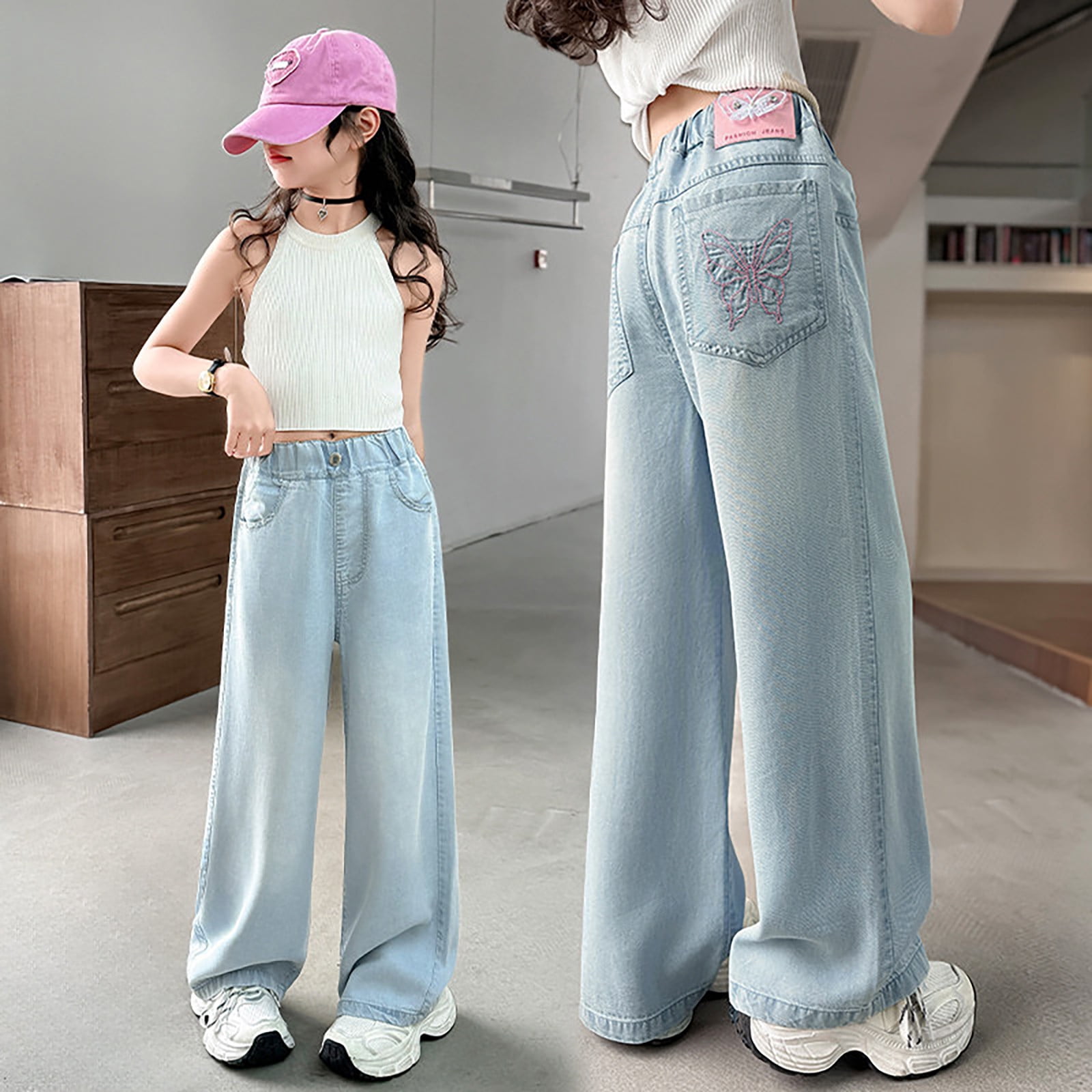 CAIVO Child Girls Summer Straight Jeans Lightweight Blue Denim Pants ...