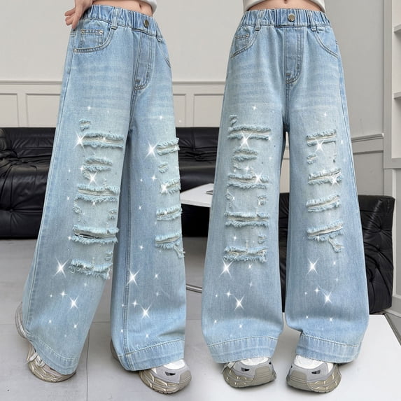 CAIVO Child Girls Wide Leg Blue Denim Pants For Tweens Distressed Easy ...