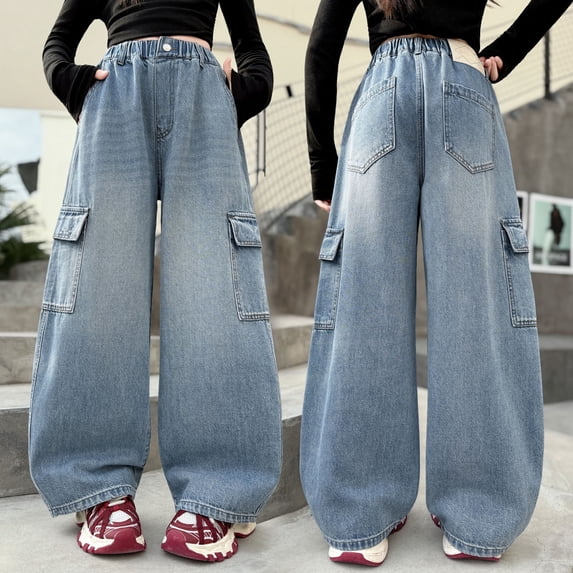 CAIVO Child Girls Wide Leg Blue Denim Pants For Middle Fashionable ...