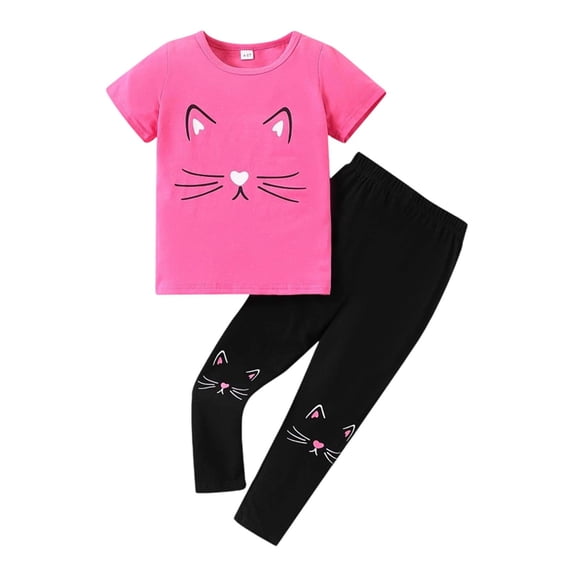 CAIVO Children Girls Cat Pattern O-Neck Short Sleeve T-Shirts With ...