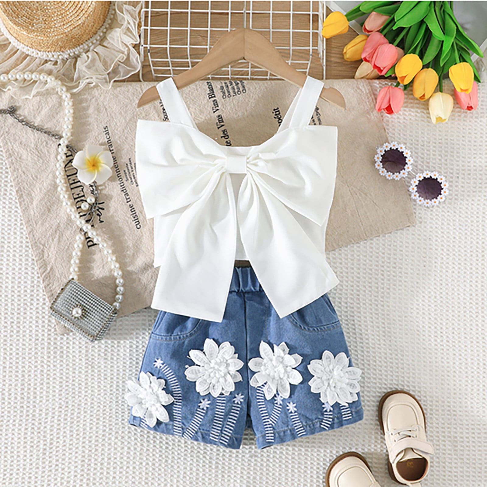 CAIVO Children Girls Outfit Sets 2 Piece Bow Tie Strappy Tops With ...