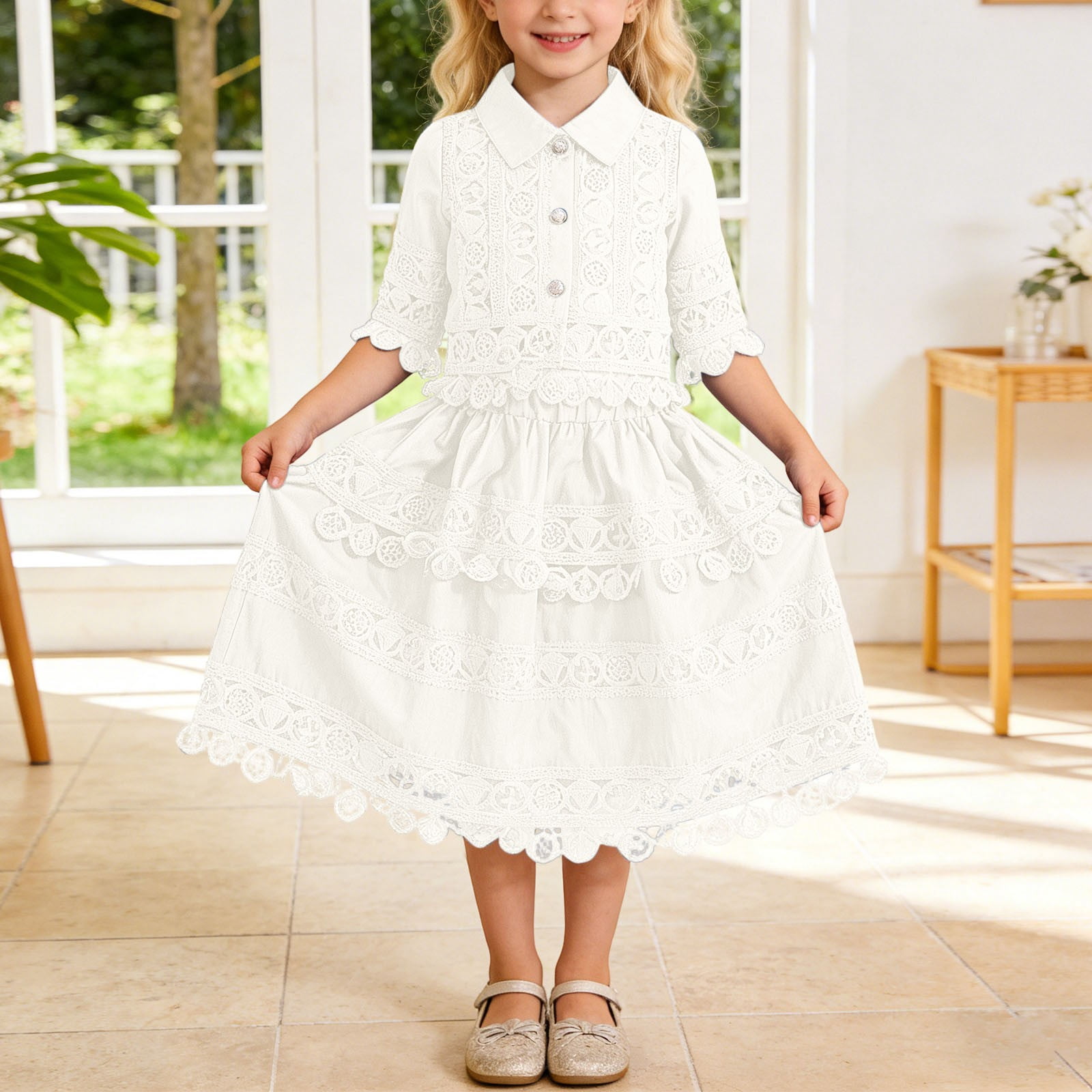 CAIVO Children Girls Summer Outfit Sets Lace Lapel Half Sleeve Tops ...