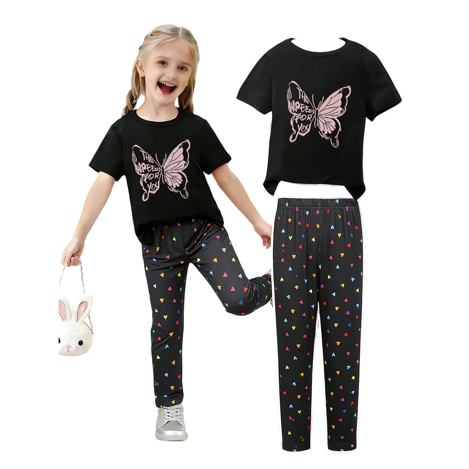 CAIVO Children Summer Girls Casual Outfit Sets Heart Printed O-Neck ...