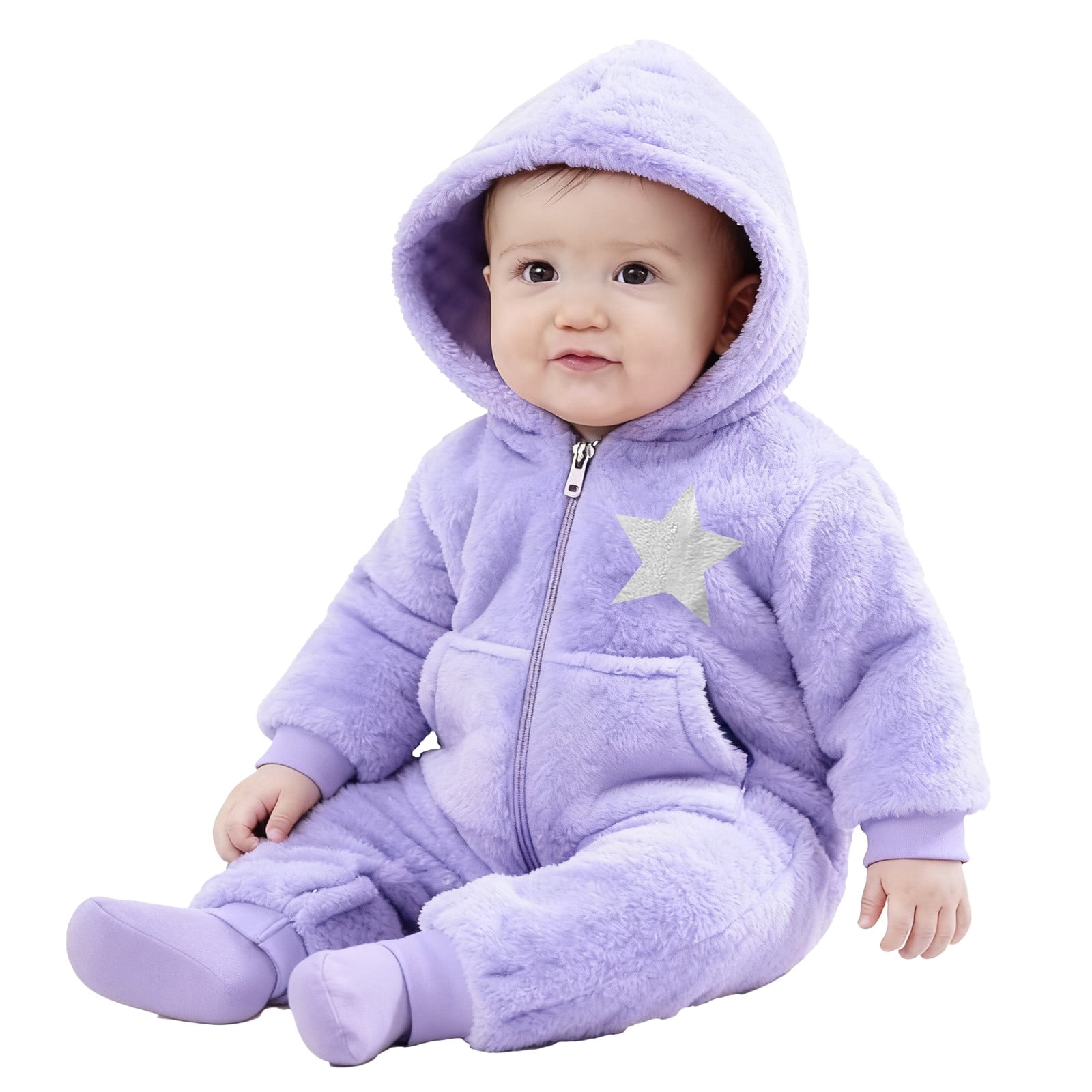 CAIVO Fuzzy Baby Boys Bodysuit Jumpsuit With Attached Hood Toddler Winter Wear Cozy Onesie ...