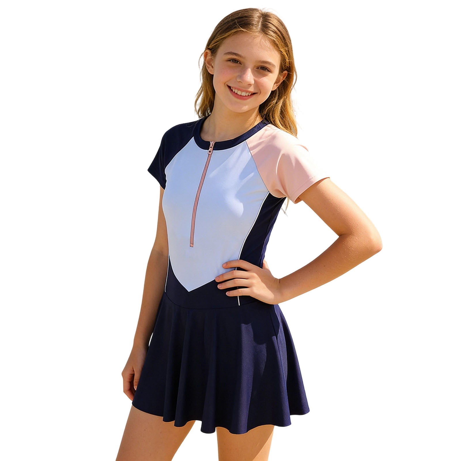 CAIVO Girls Short Sleeve One-Piece Swimsuit Sporty Zipper Front Guard ...