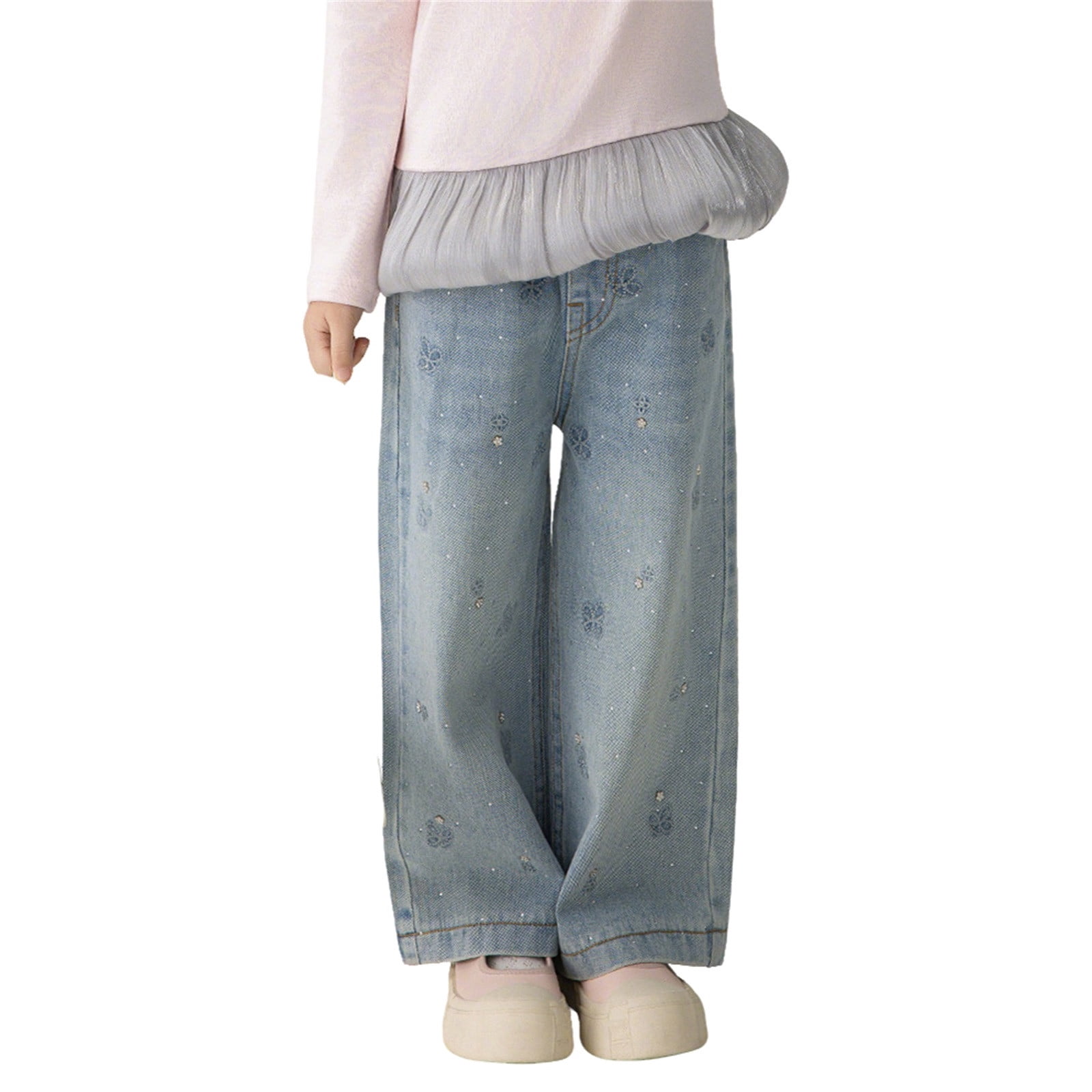 CAIVO Girls Starry Rhinestone Straight Leg Pants Autumn Leisure Denim ...