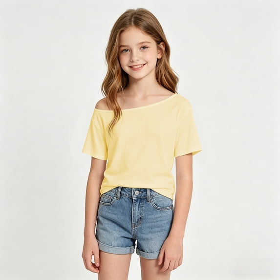 CAIVO Girls T-Shirts Solid Color Slim Shoulder Tee For Kids Casual Tops ...