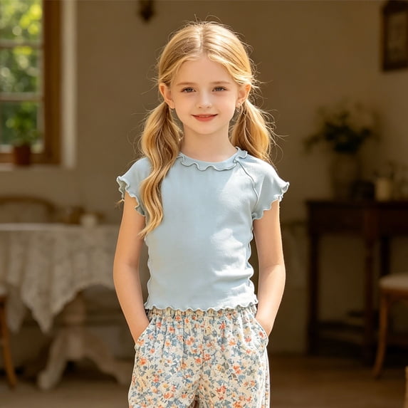 CAIVO Girls T-Shirts Summer Knit Tee For Kids Short Sleeve Tops With ...