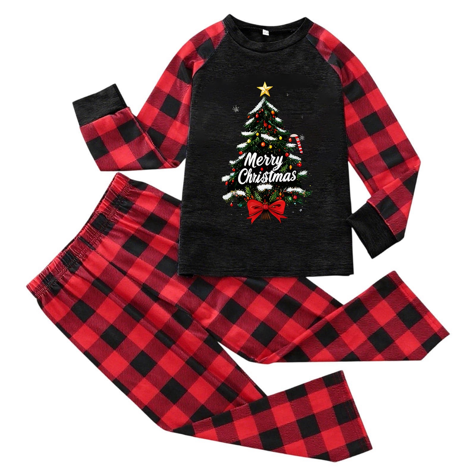 CAIVO Home Outfit Sets O-Neck Festive Plaid Print O-Neck Holiday Elk ...