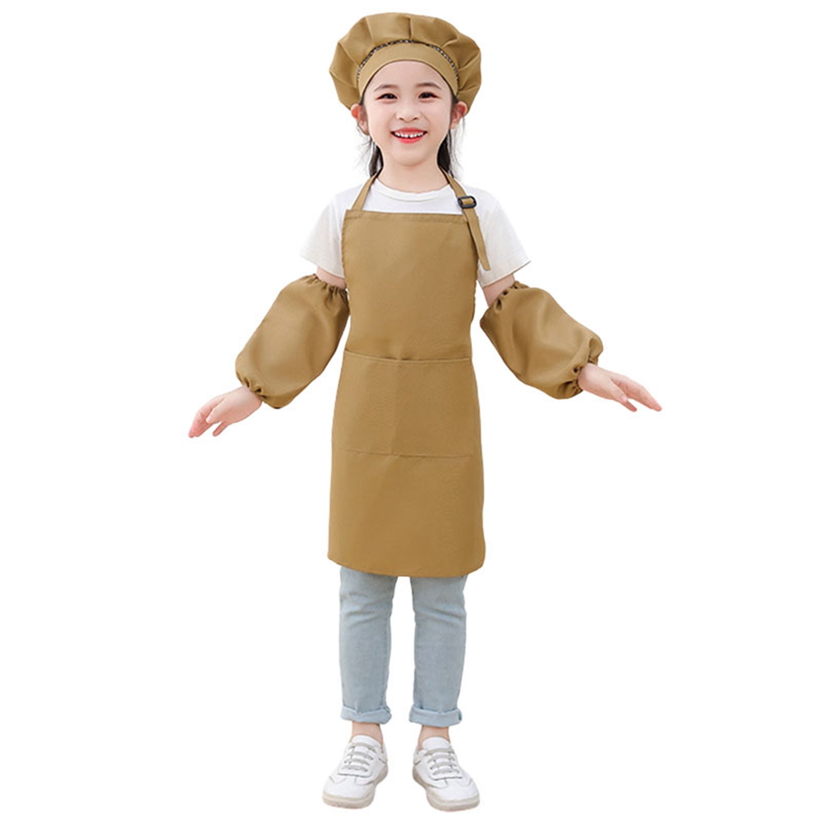 CAIVO Kid Art Smock Solid Color Apron Sleeve And Hat Three Piece Sets ...
