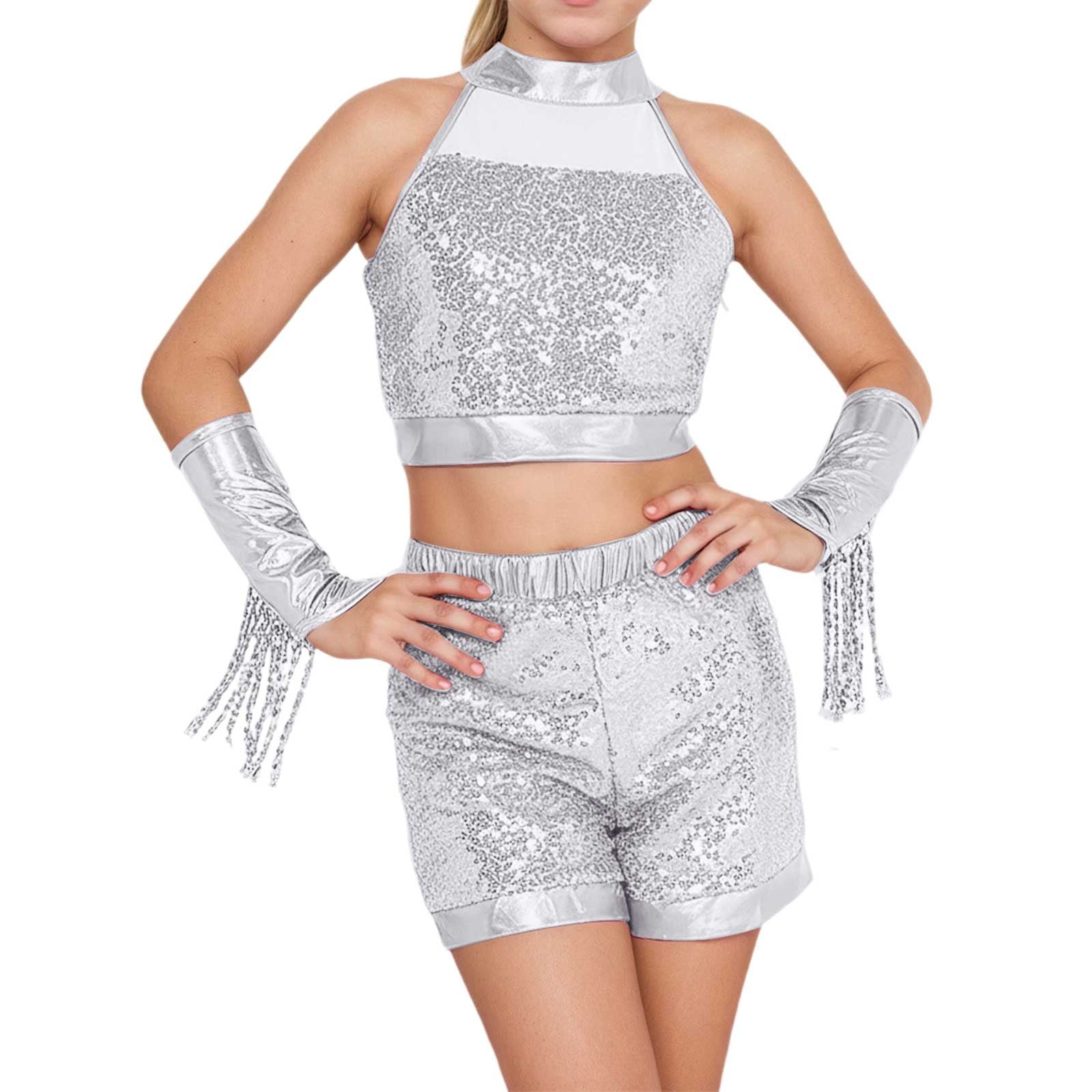 CAIVO Kids Girls Dance Stage Performance Outfit Sets Glitter Jazz Latin ...