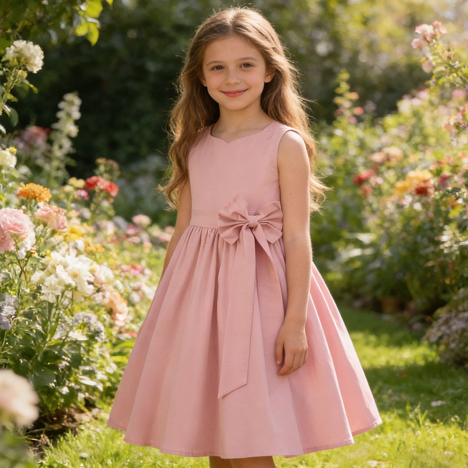 CAIVO Kids Girls Solid Color Bow Sleeveless Dress Party Event V-Neck ...