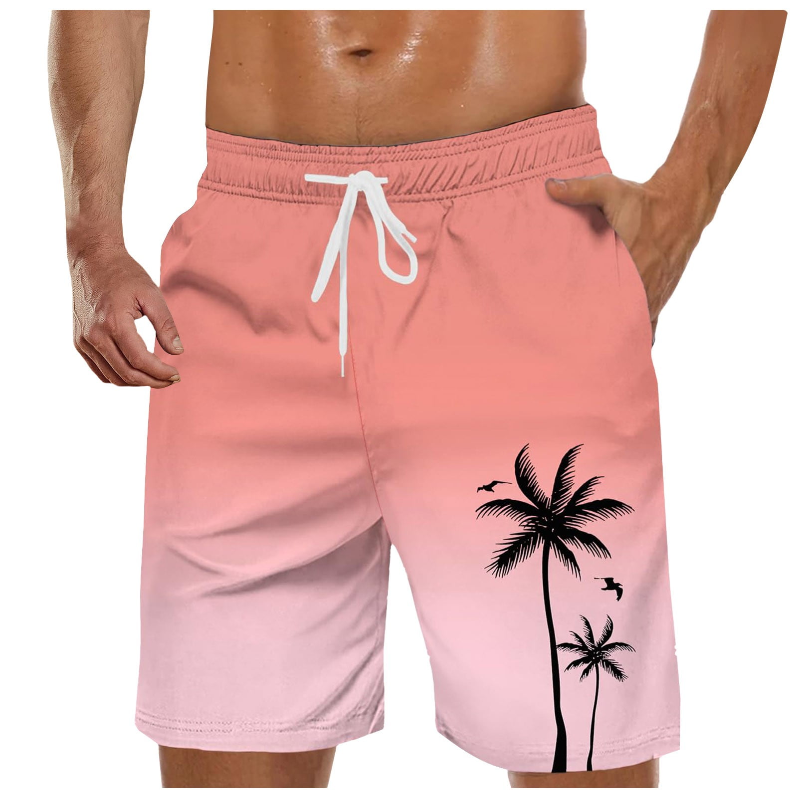 CAIVO Men's Beach Shorts Coconut Tree Print With Pockets Elastic Waist ...