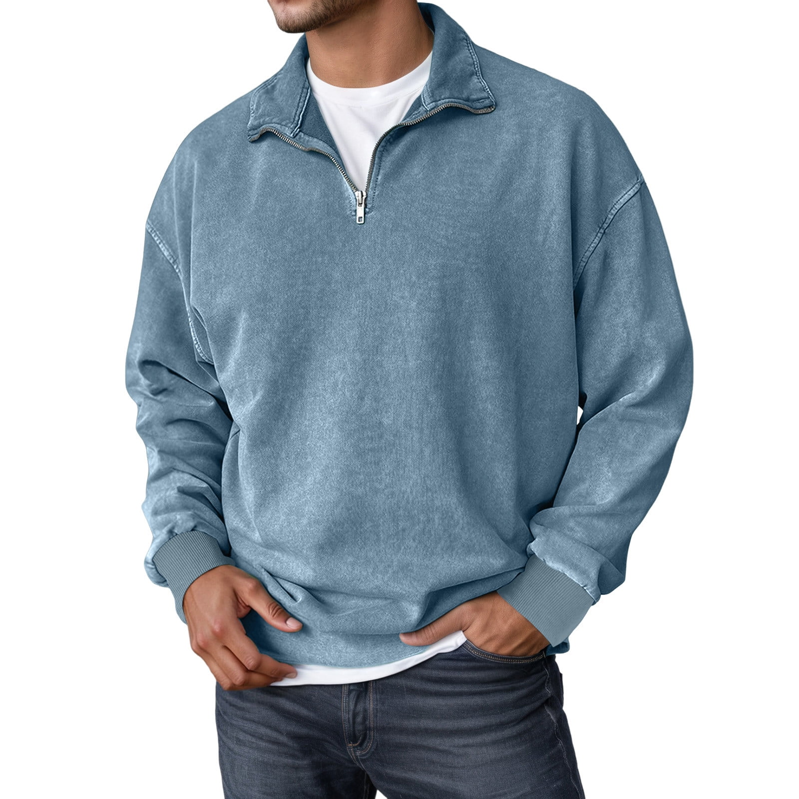 CAIVO Men's Washed Long Sleeve Lapel V-Neck Zipper Sweatshirt Long ...