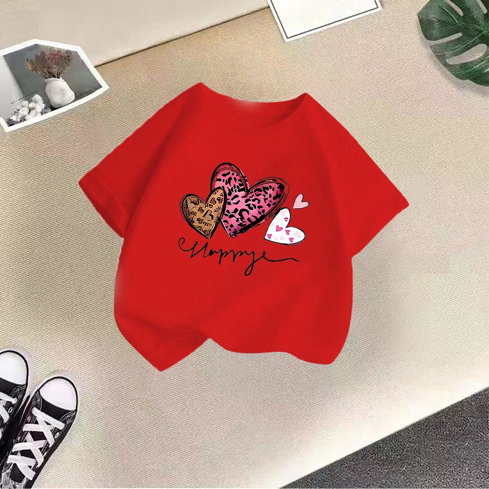 CAIVO Minimalist Heart Graphic Short Sleeve Kids T-Shirt, Girls Crew ...