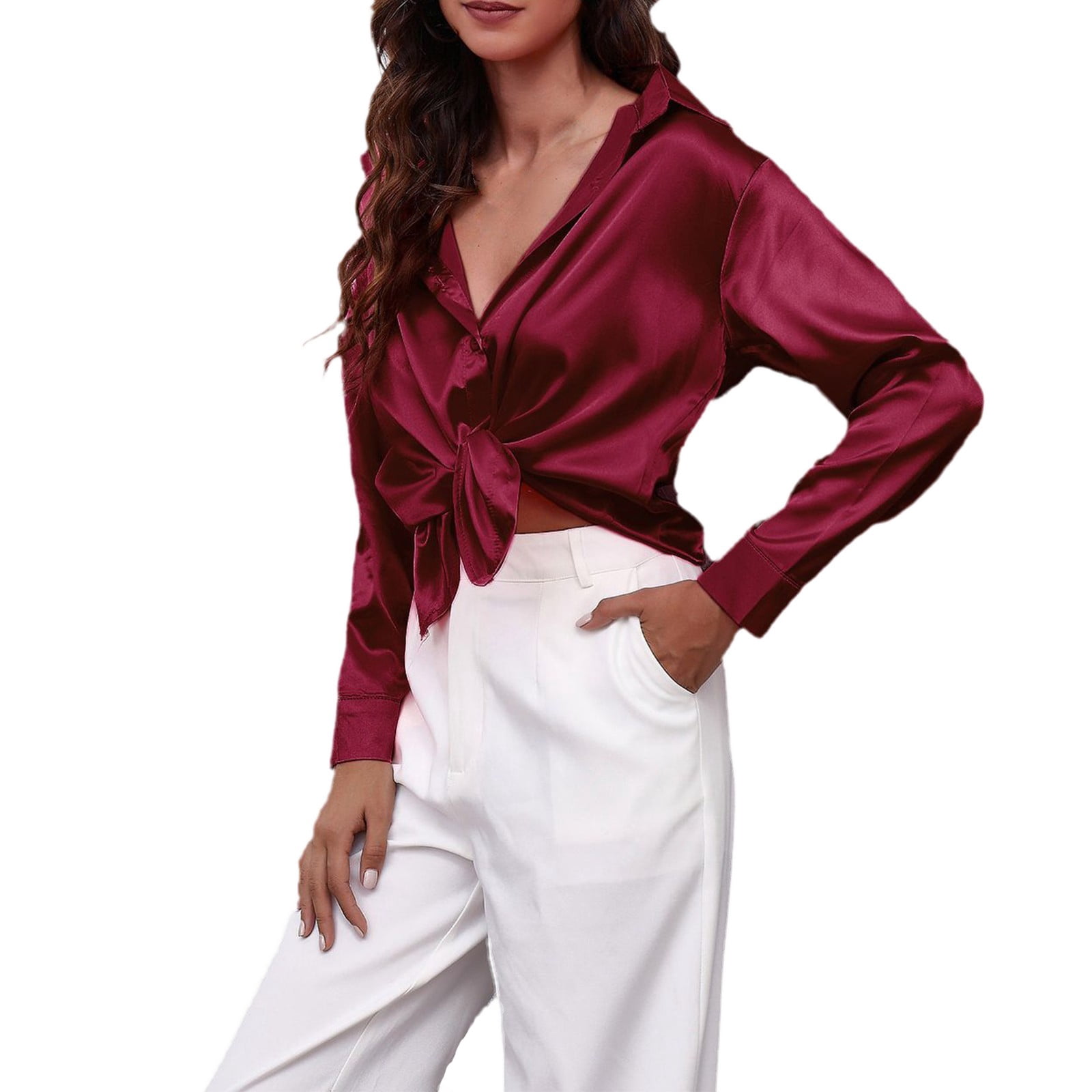 CAIVO Satin Shirt Women's Satin Imitation Silk Long Sleeve Shirt New ...