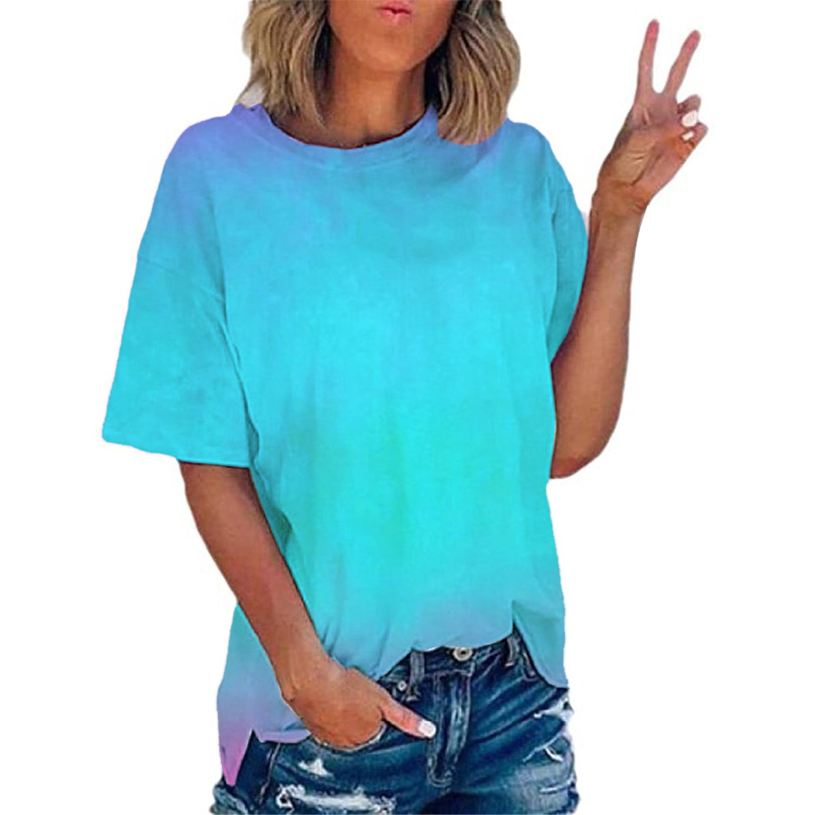 CAIVO Shirts Ladies Summer Blouse New Gradient Tie Dye Printing Trend ...