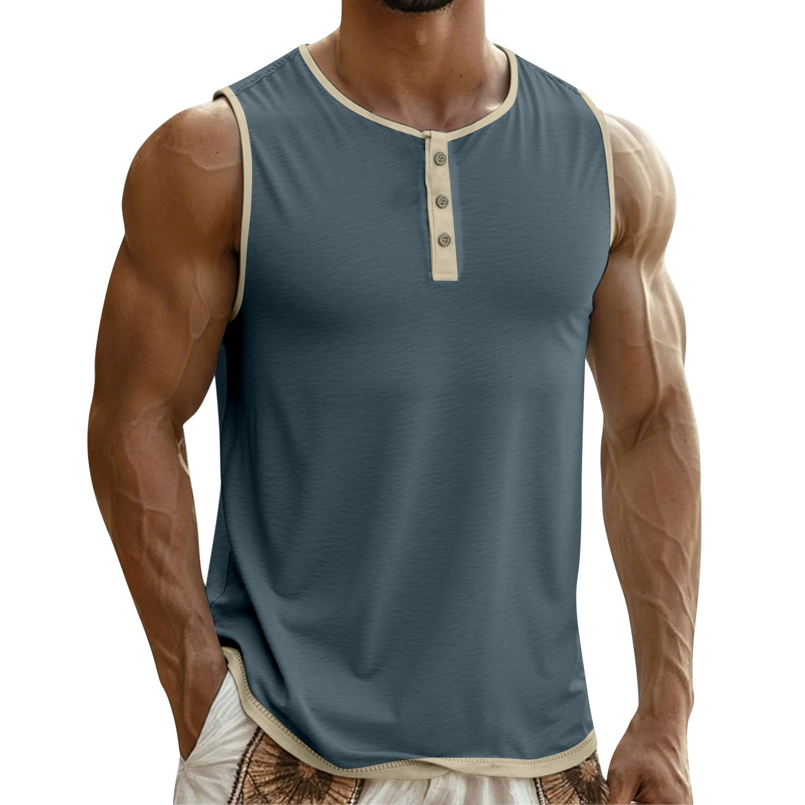 CAIVO Stylish Men's Tank Tops Short Sleeve Solid Color Linen Vests For ...