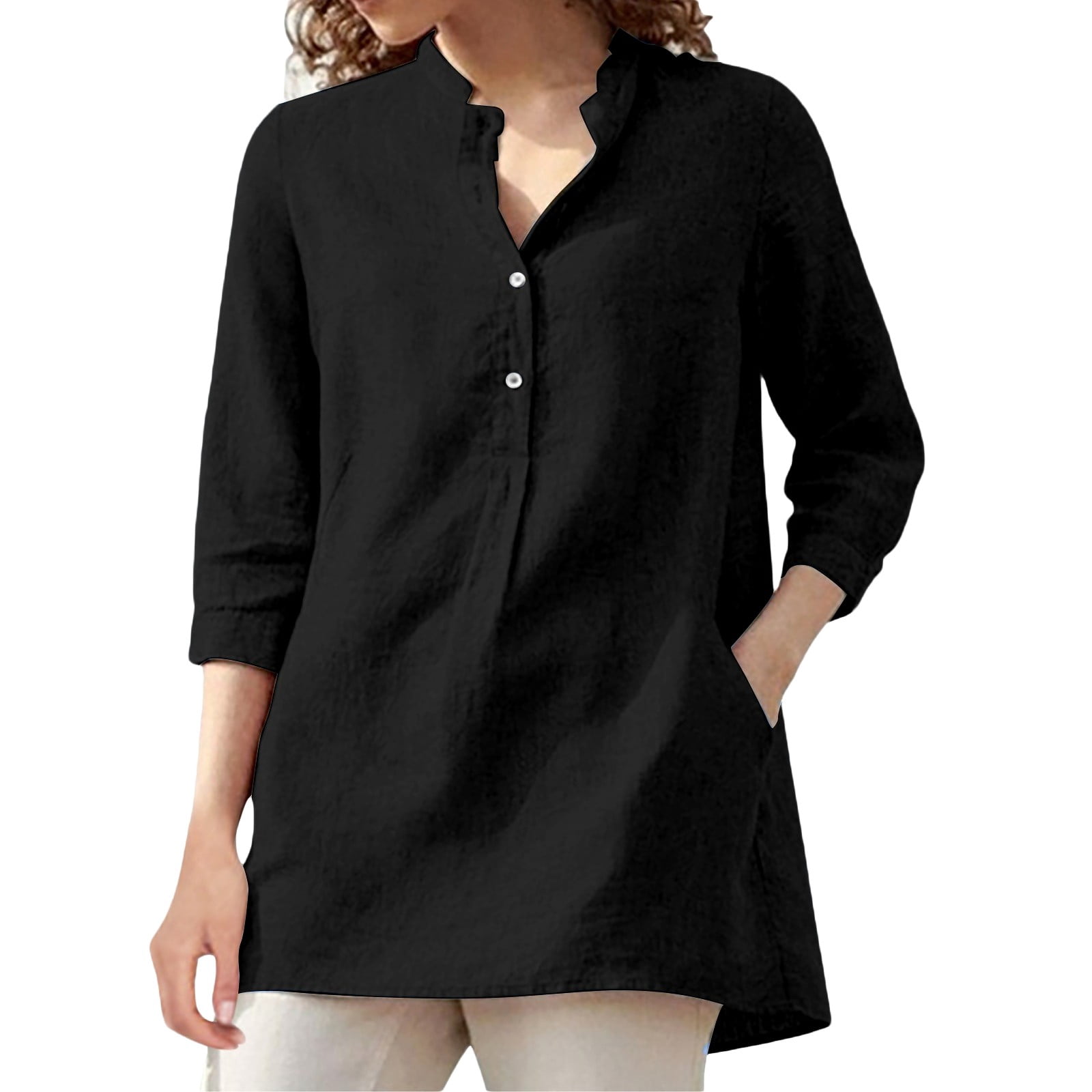 CAIVO Women Casual Linen Blend Shirt 3/4 Sleeve Stand Collar Pullover ...