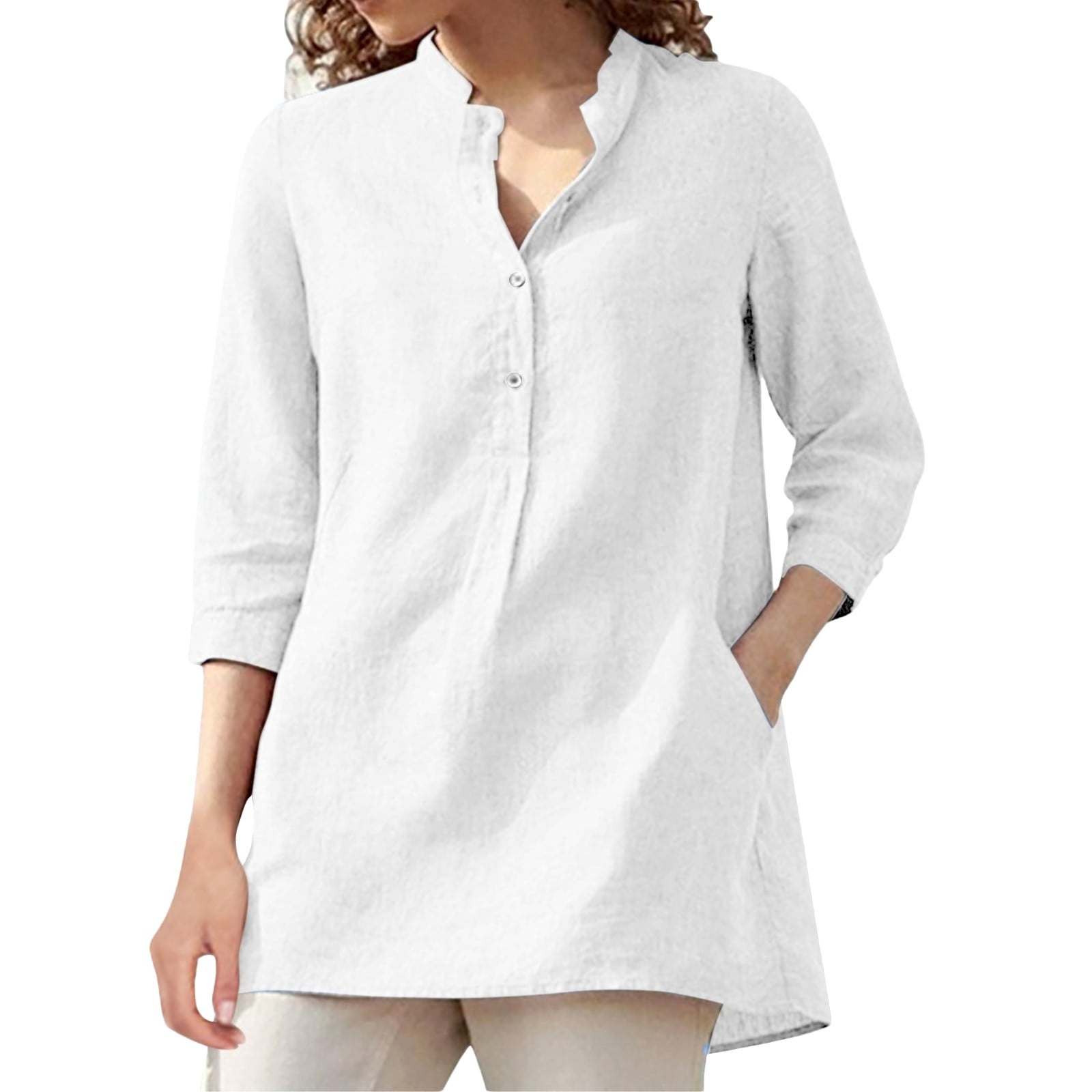 CAIVO Women Casual Linen Blend Shirt 3/4 Sleeve Stand Collar Pullover ...