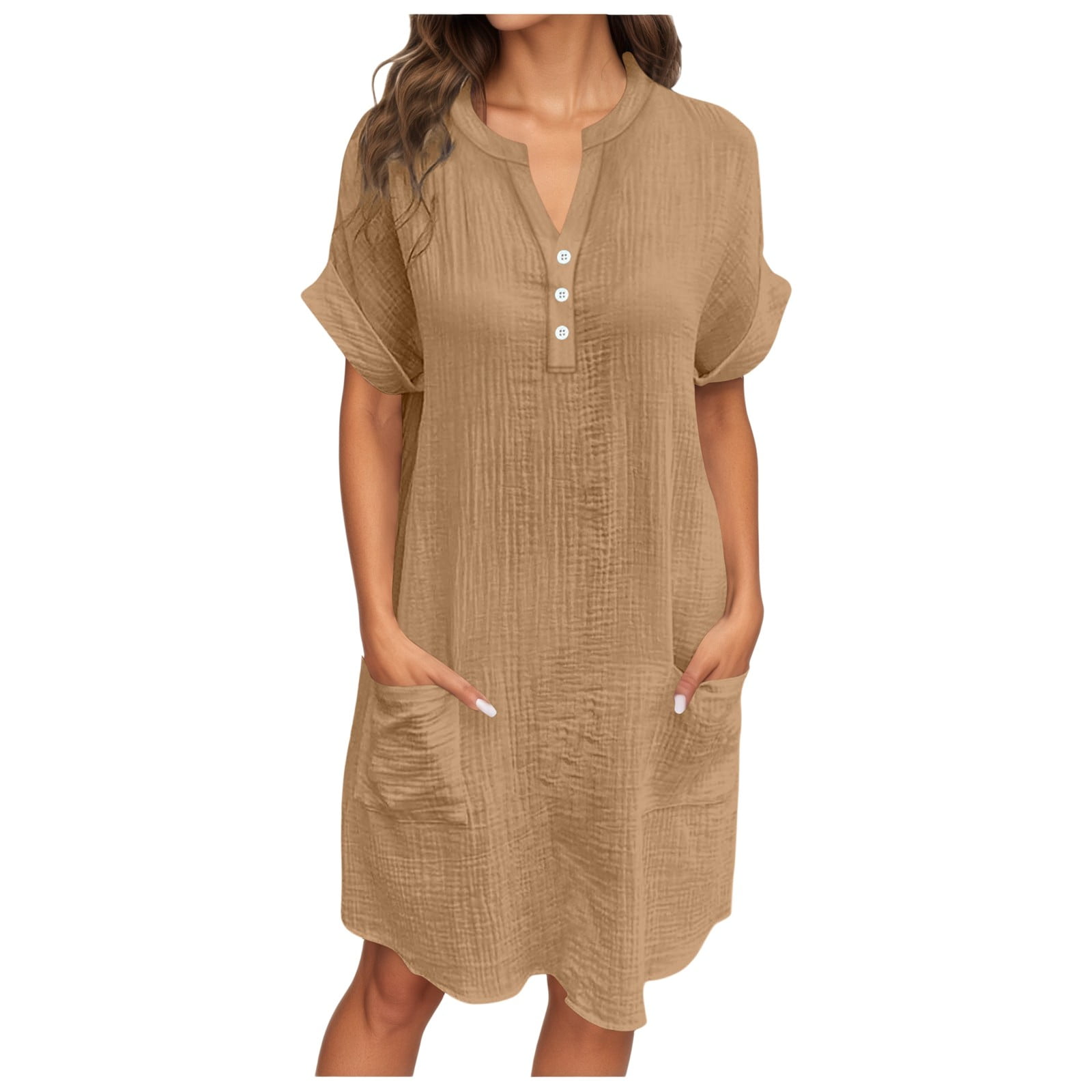 CAIVO Women Casual V-Neck Dress With Pockets And Buttons Comfortable ...