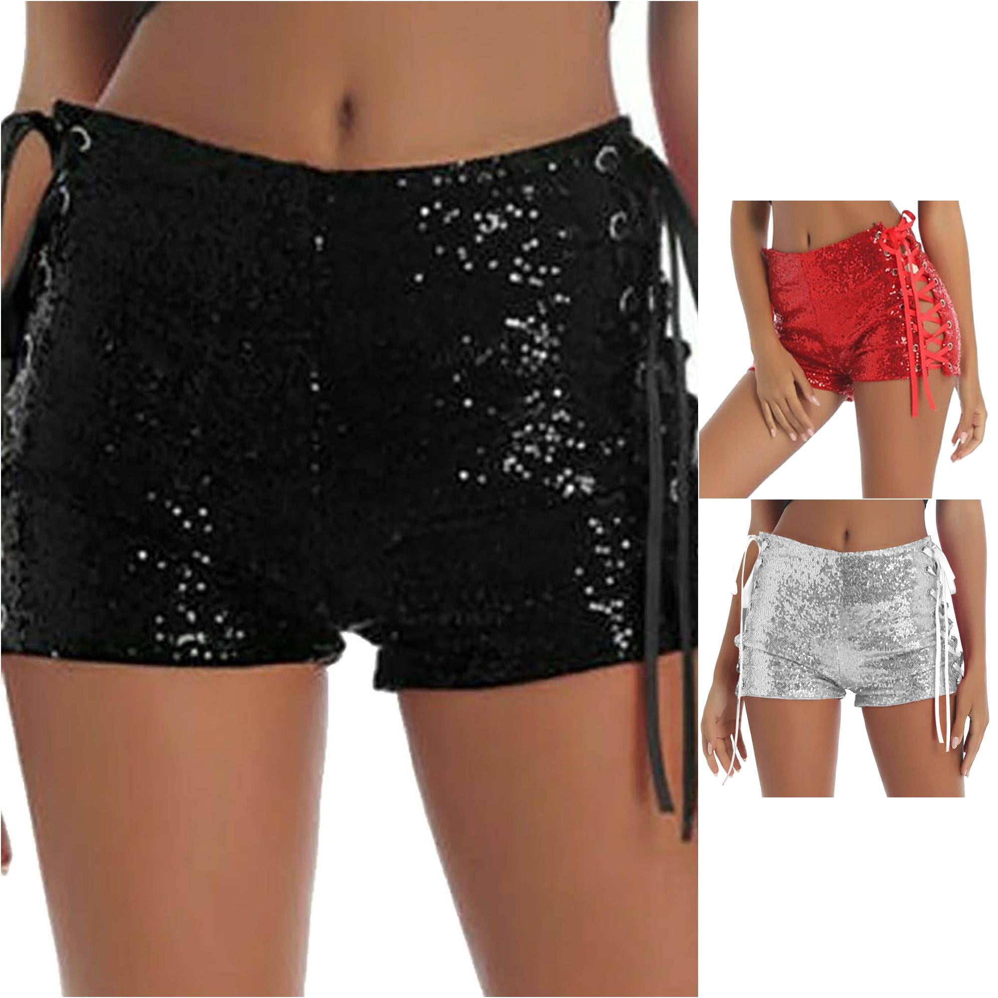 CAIVO Women Fashion Casual High Waist Lace Hollow Sequin Shorts ...