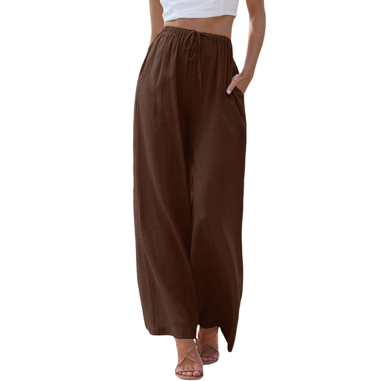 CAIVO Women High Waisted Wide Leg Pants Fashion Drawstring Elastic ...