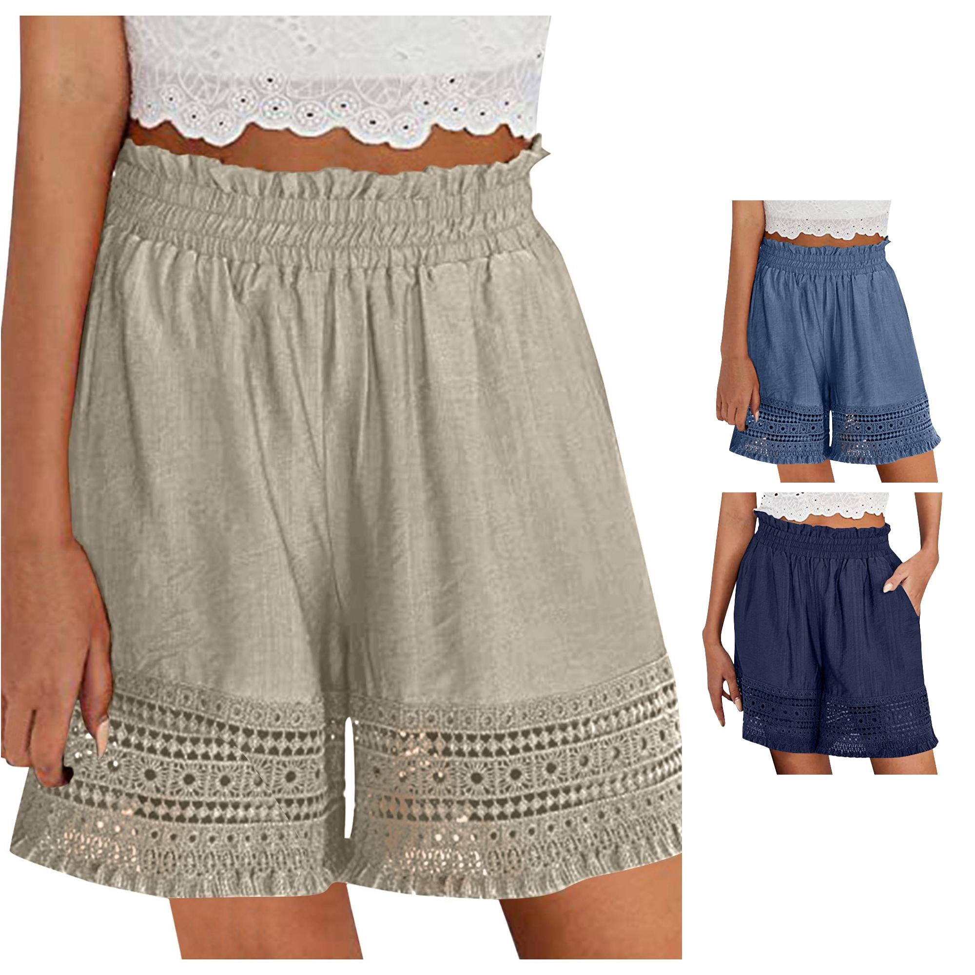 CAIVO Women Ladies Solid Color Casual Cotton Linen High Waist Stretch ...