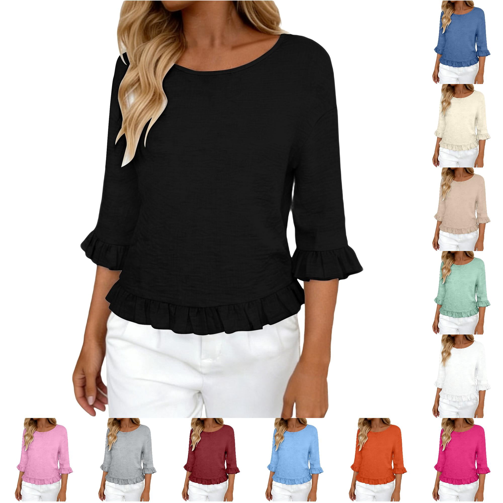 CAIVO Women Blouses Dressy Casual Linen Round Neck Ruffle Sleeve Loose ...