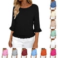 CAIVO Women Blouses Dressy Casual Linen Round Neck Ruffle Sleeve Loose ...