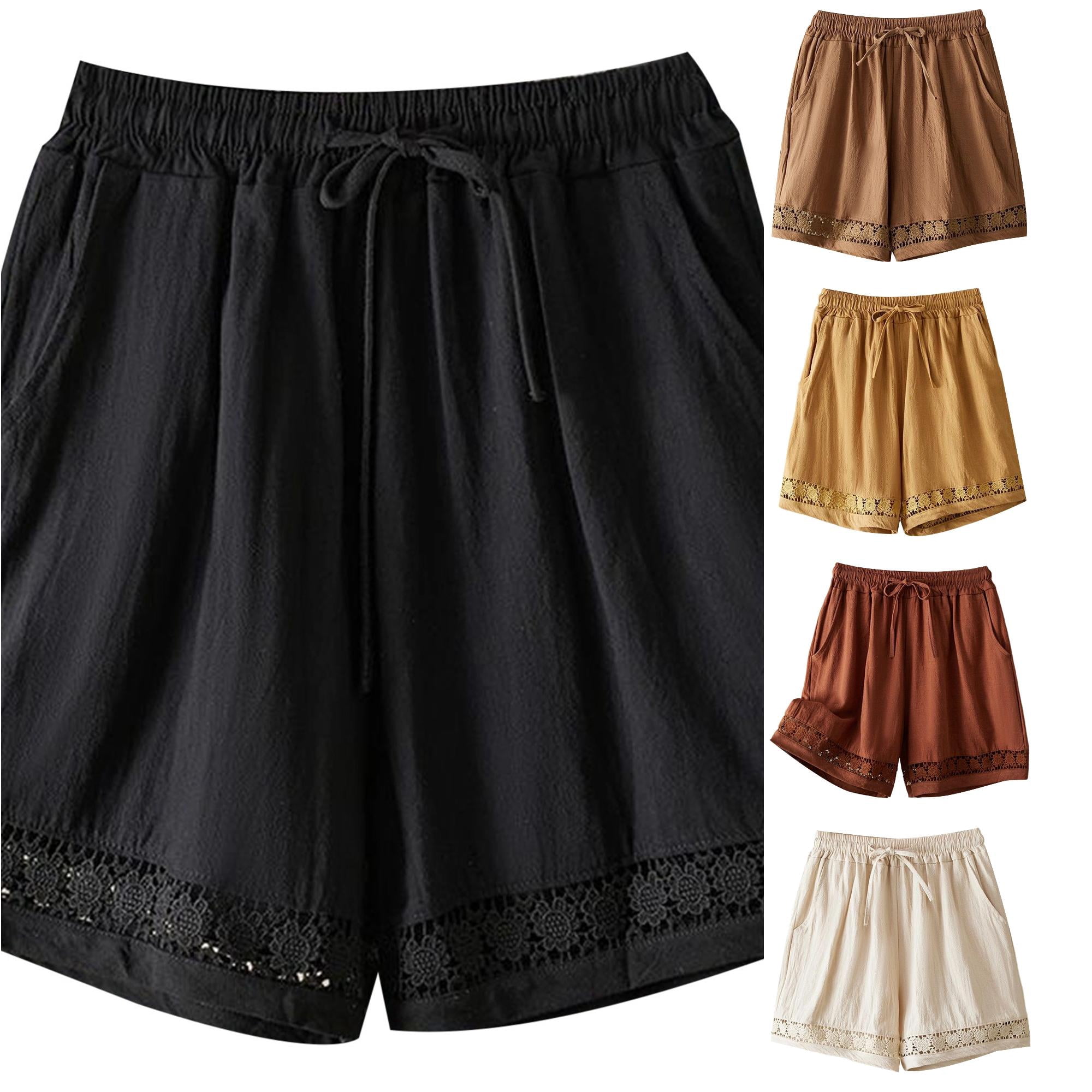 CAIVO Women Plus Size Summer Shorts With Lace Trim Linen Blend Elastic ...
