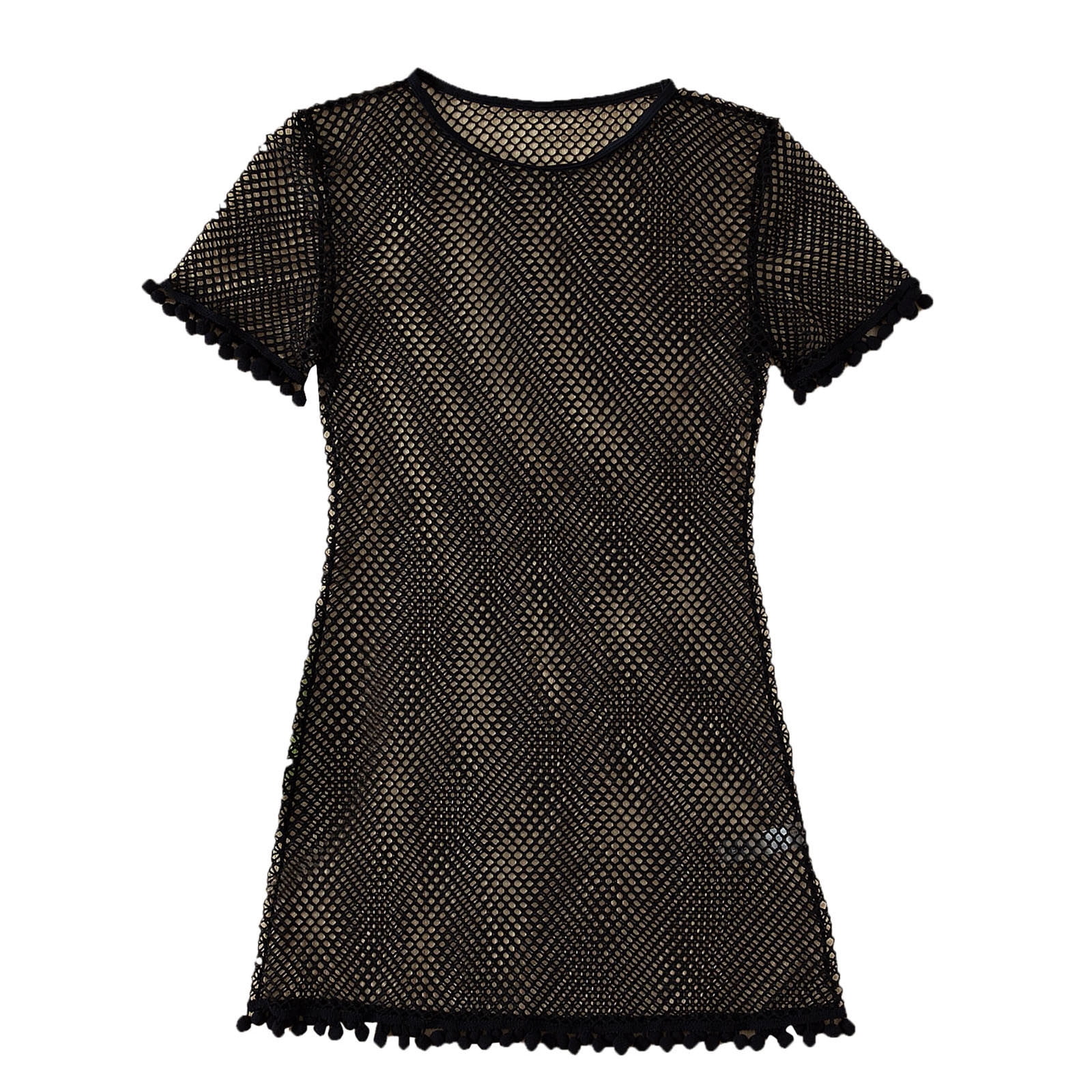 CAIVO Women Pom-pom Trim Fishnet Cover Up Short Sleeve Cover Up Blouse ...